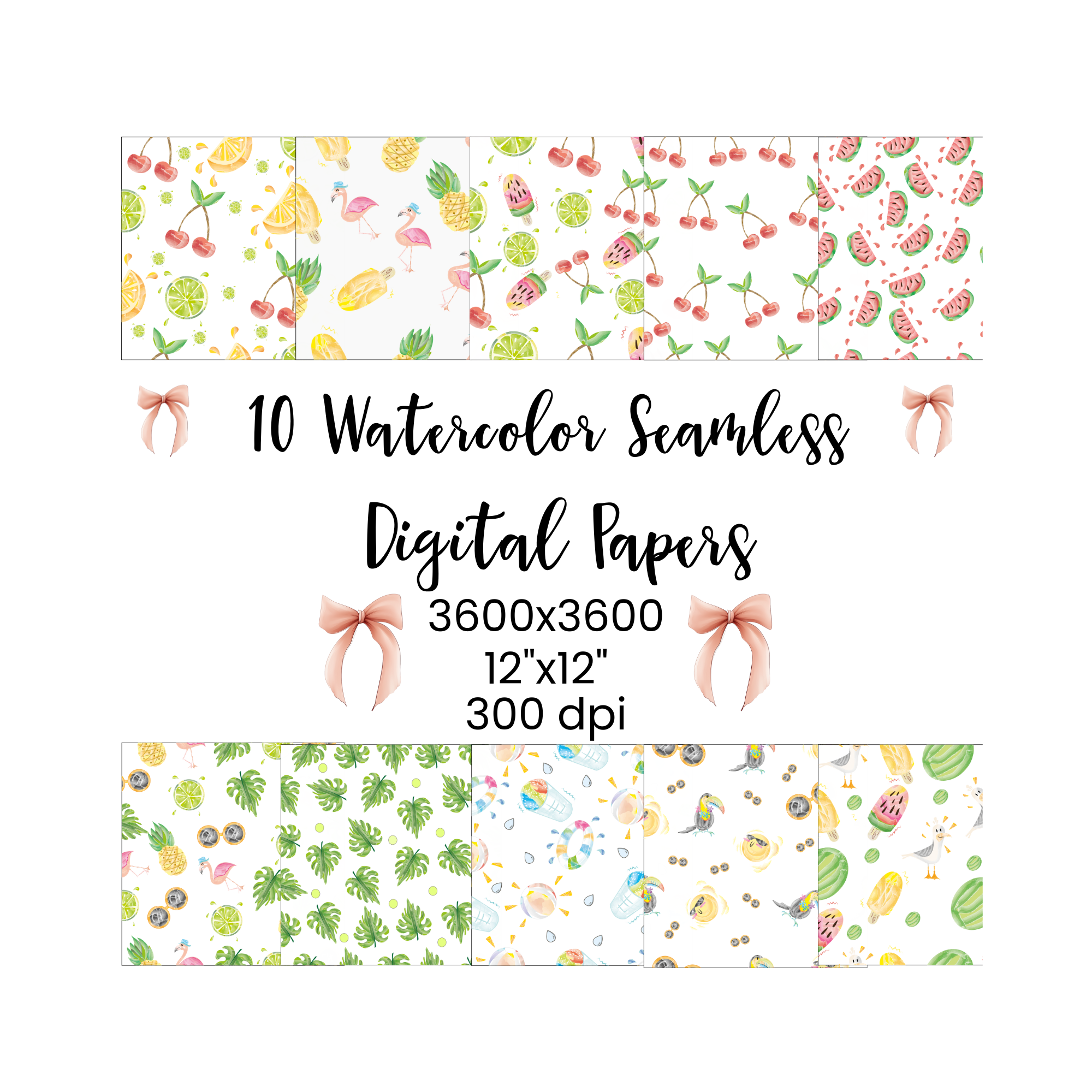 Watercolor-Seamless Digital Papers - Redbuds & Ribbons